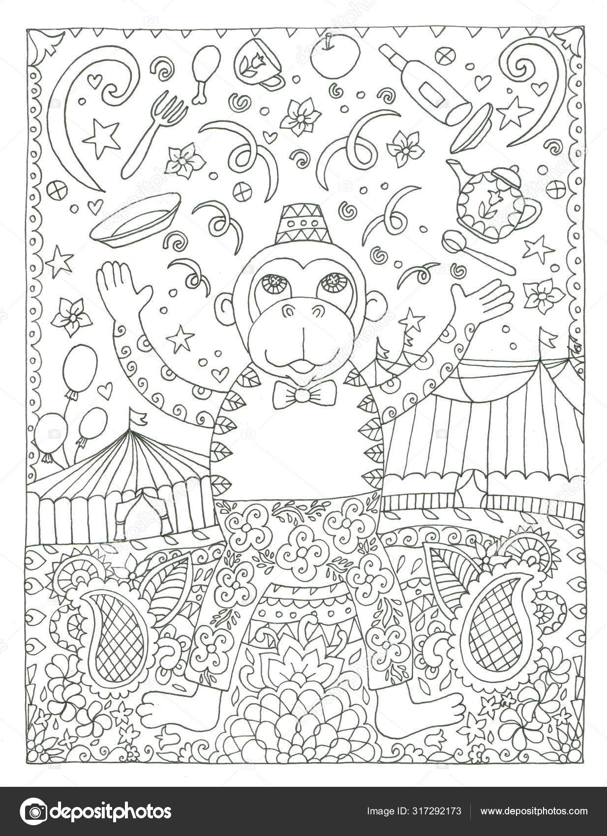Circus Monkey Hand Drawn Coloring Page Stock Illustration by ©MarynaS ...
