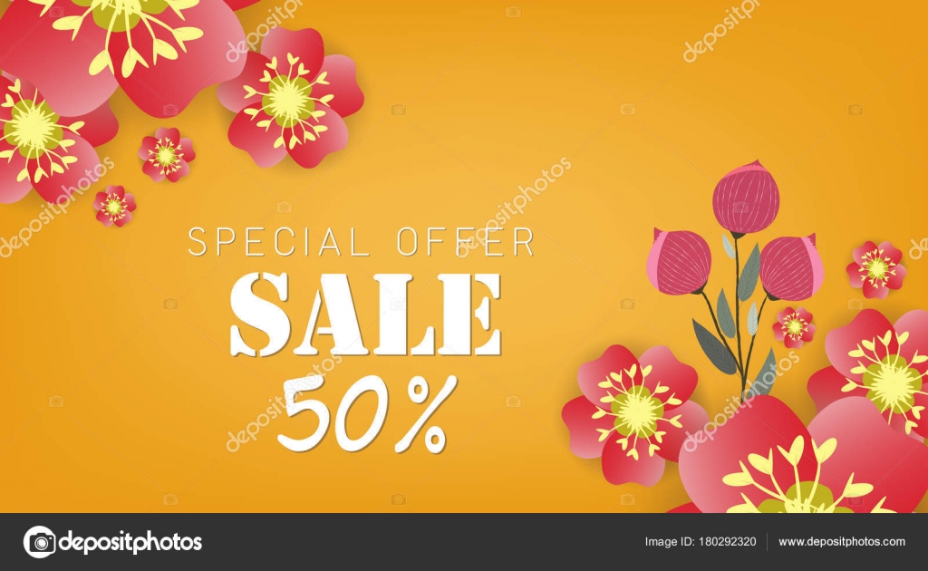 Spring Sale Banner Paper Flowers Yellow Background Vector Illustration ...