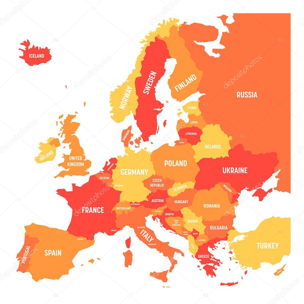 Mapa pol tico del continente europeo en cuatro tonos de naranja con etiquetas de nombre de pa s ...