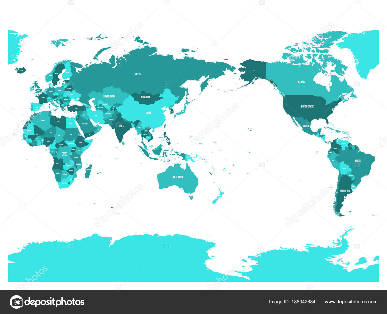 World map in four shades of turquoise blue on white background. High ...