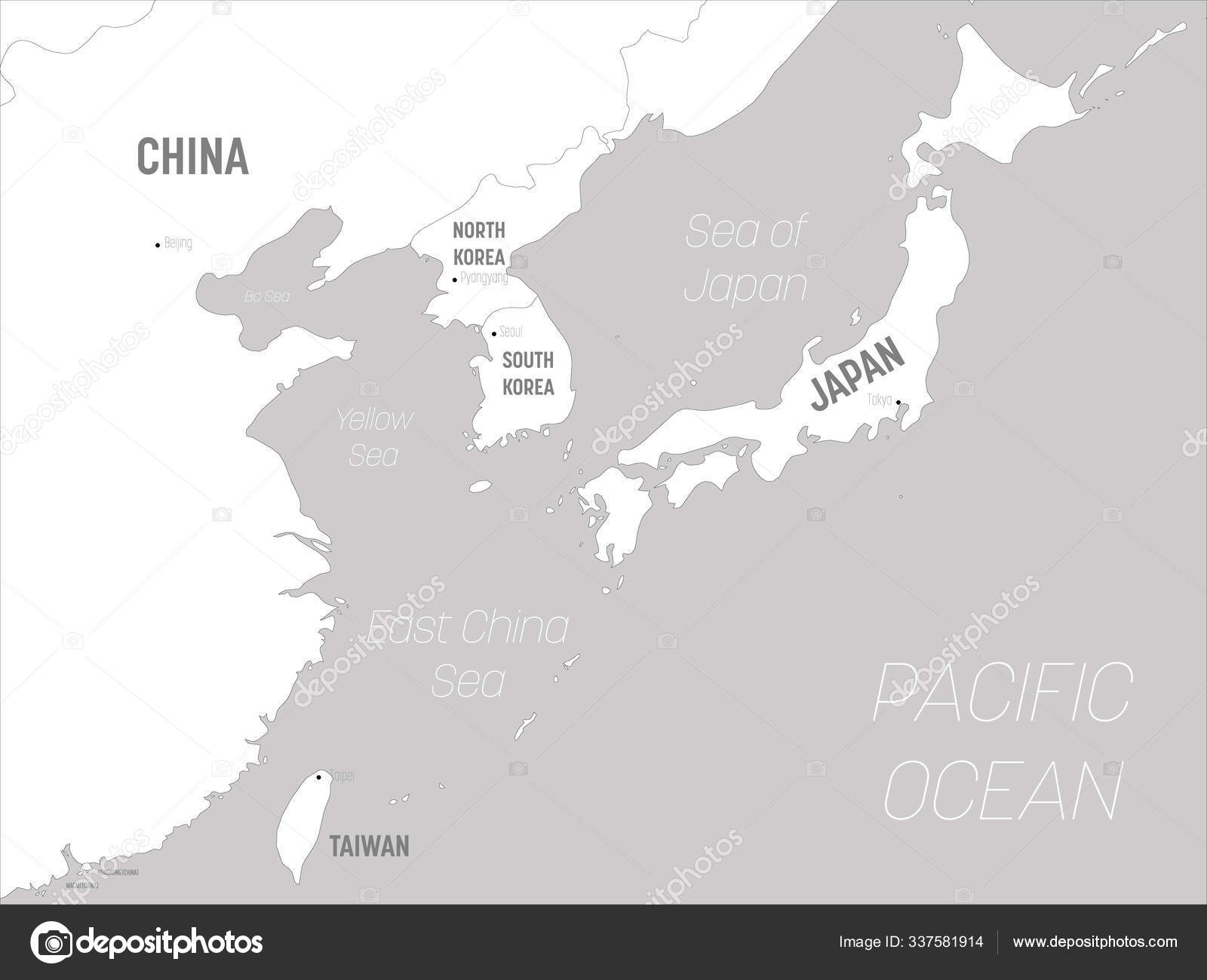 East Asia map - white lands and grey water. High detailed political map ...