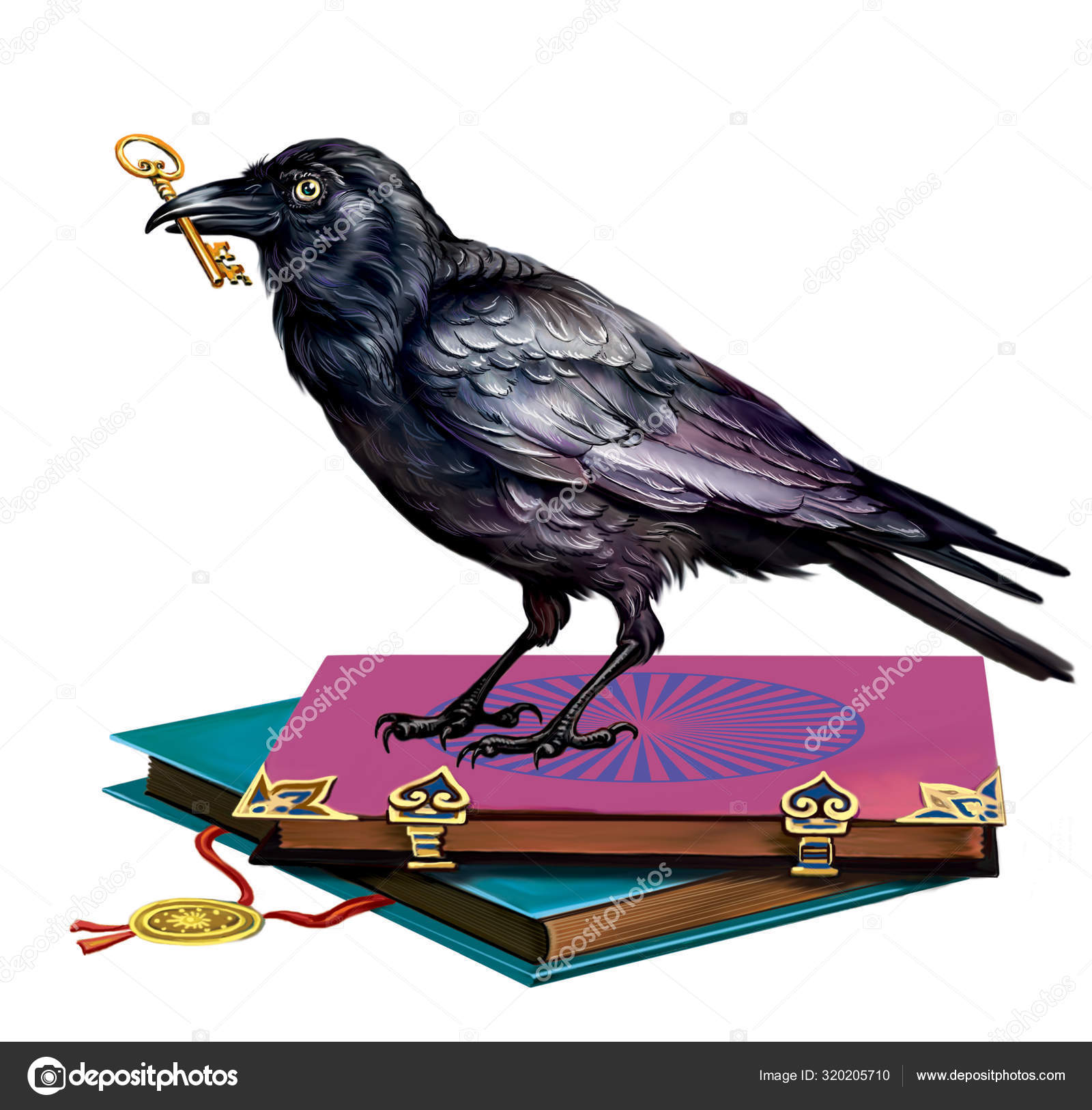 Wise Black Raven Key Beak Sitting Ancient Tomes Isolated Character ...
