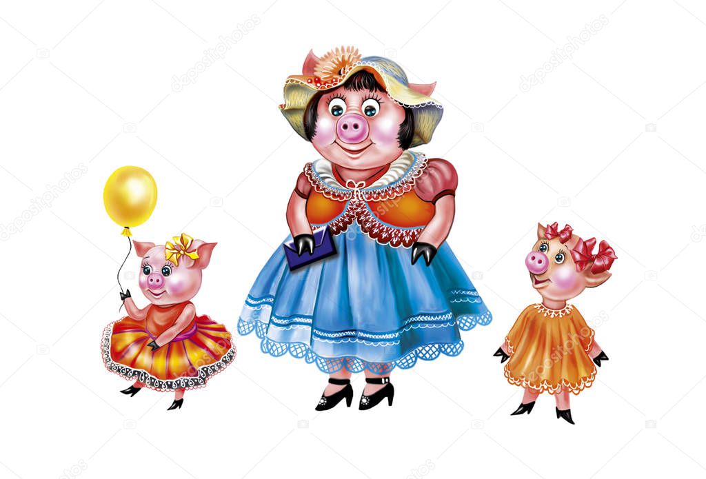 divertido mamá cerdo en un vestido y sombrero con lindas hijas de cerdo ...