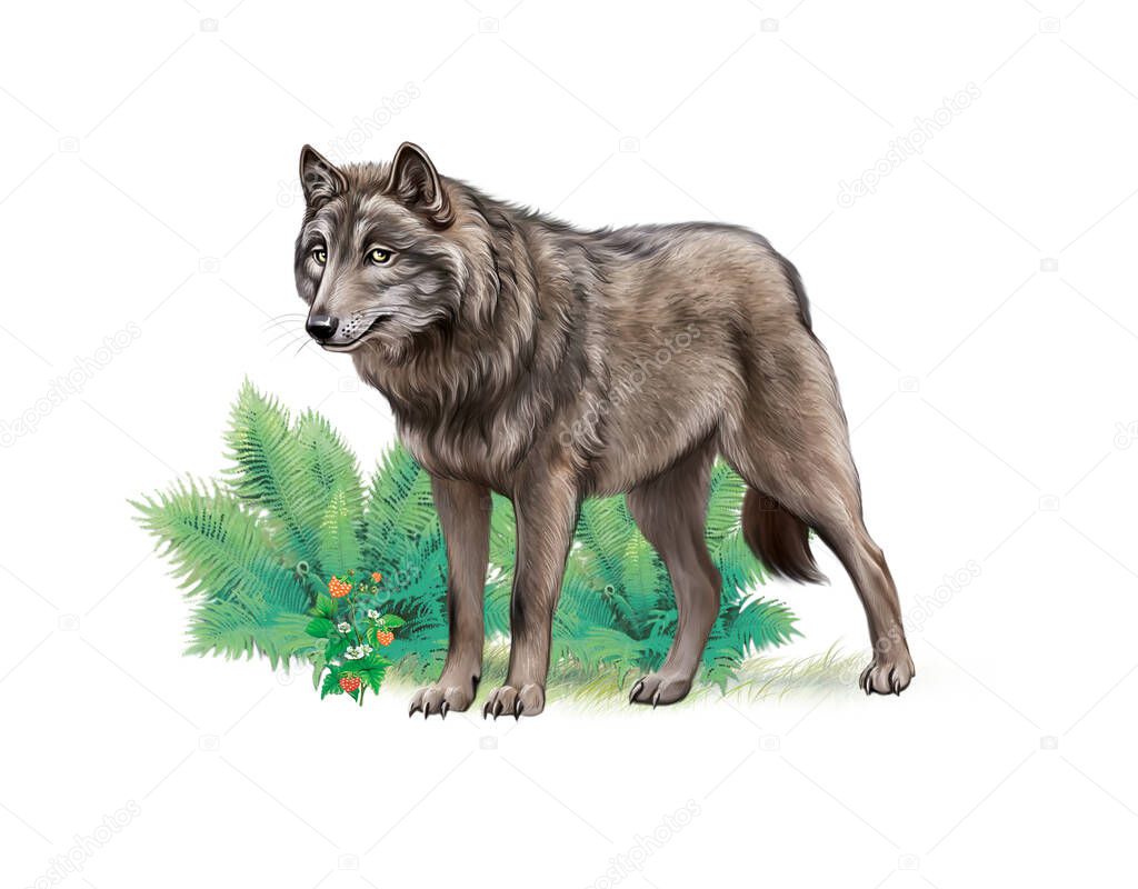 Lobo en el bosque, dibujo realista, ilustración para enciclopedia ...