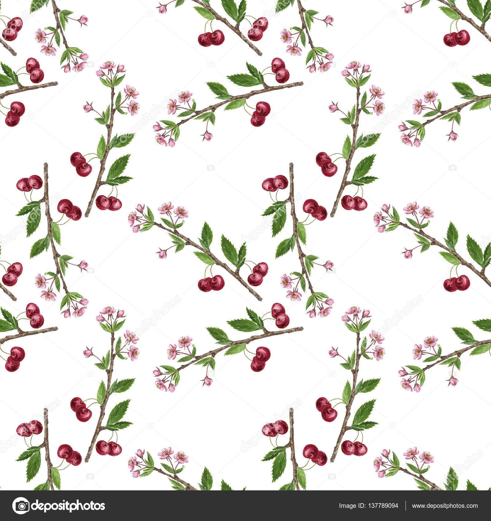 Seamless pattern with cherry tree branch, flowers, leaves and berries ...