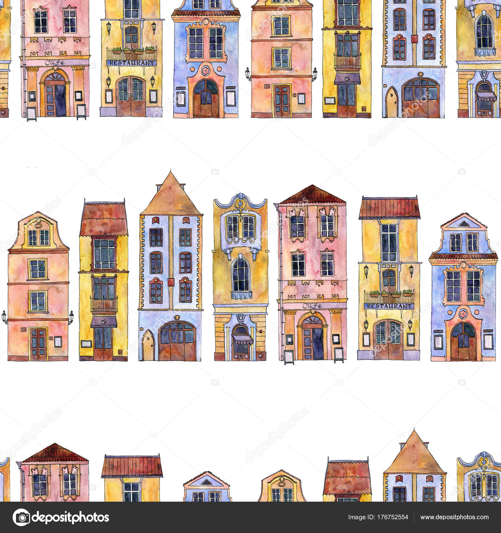 Seamless pattern with watercolor drawing houses Stock Illustration by ...