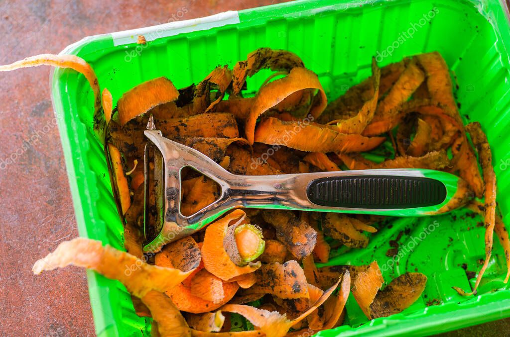En una caja de plástico, tiras de cáscara de zanahorias crudas y un ...