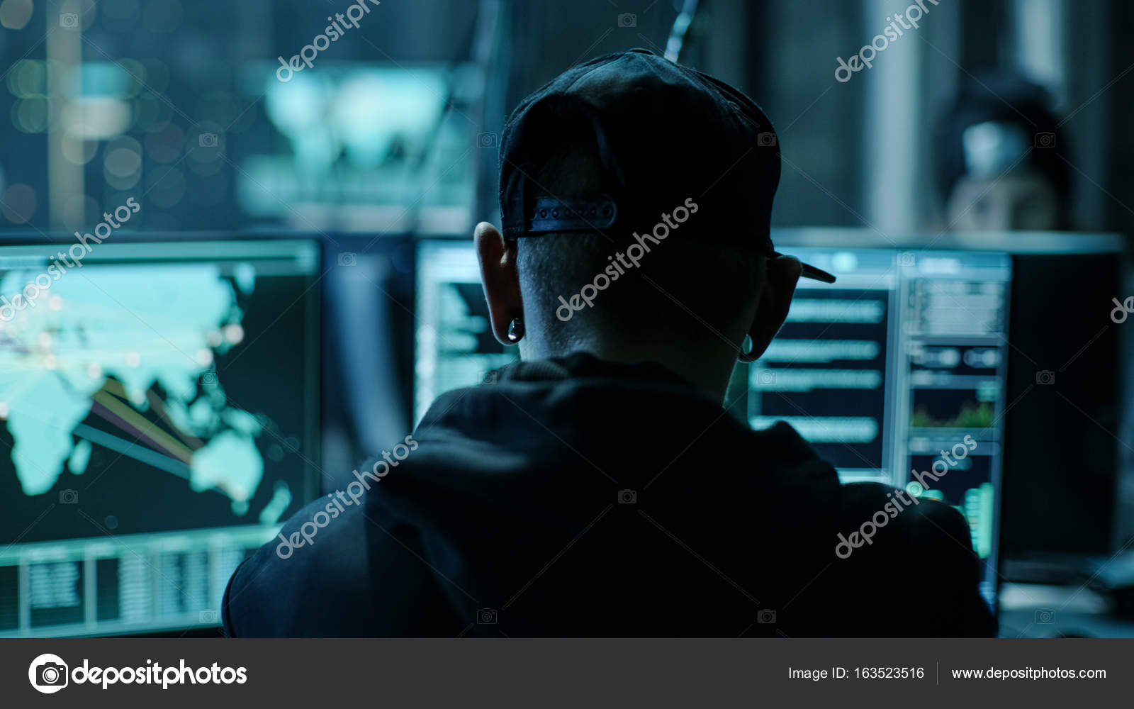 Close-up Frame from the Back of Working Hacker Organizing Advanc ...