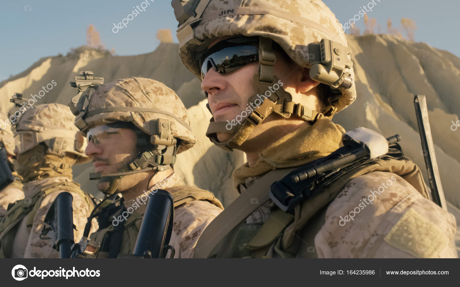 Close-up Shot Group of Fully Equipped Soldiers Standing in a Lin Stock ...