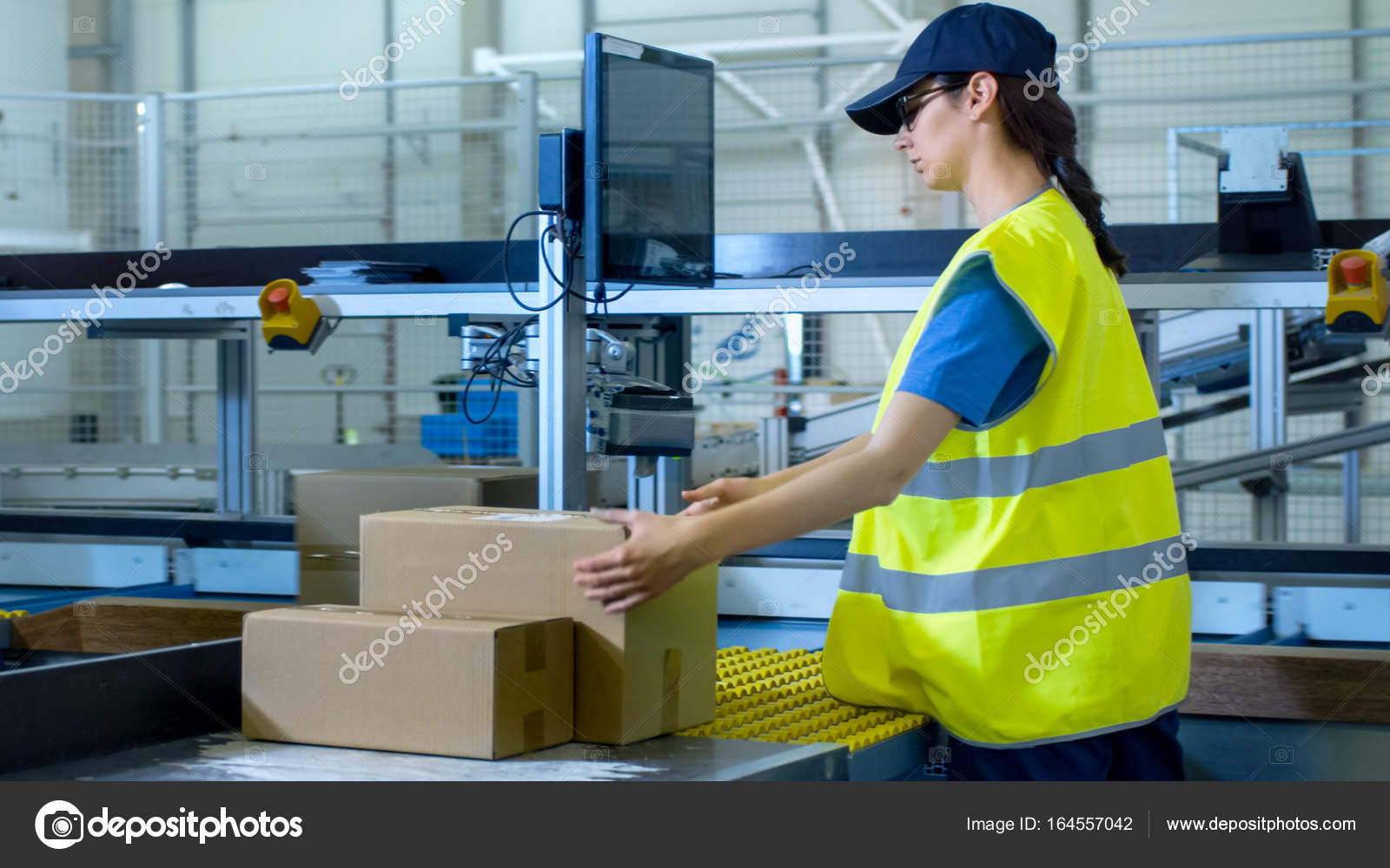 Postal Sorting Office Workers Put Cardboard Boxes on Belt Convey Stock ...