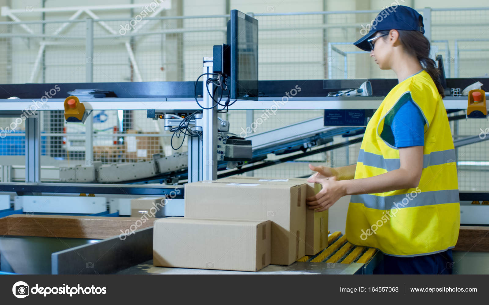 Postal Sorting Office Workers Put Cardboard Boxes on Belt Convey Stock ...
