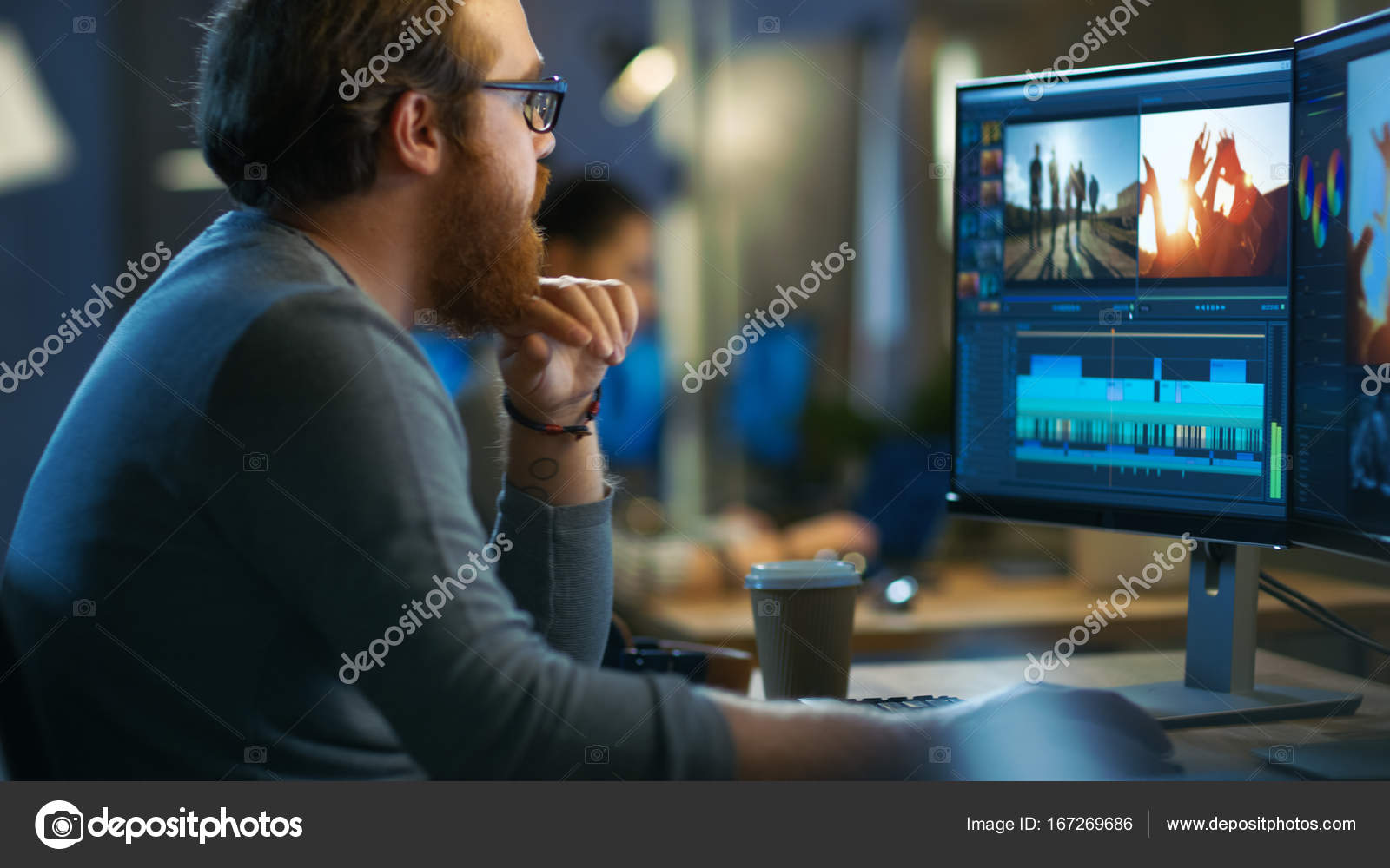 Male Video Editor Works with Footage and Sound on His Personal C ...