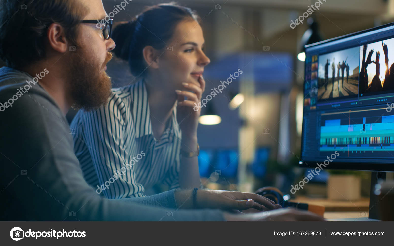 Female and Male Video Editors Work With Footage and Sound on The ...