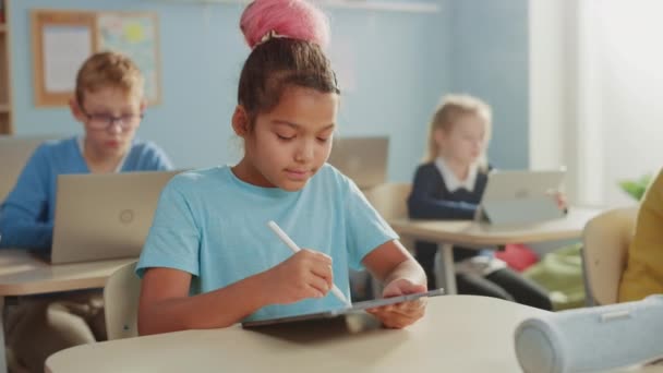 Elementary School Computer Science Class: Smart Boy Uses Digital Tablet ...