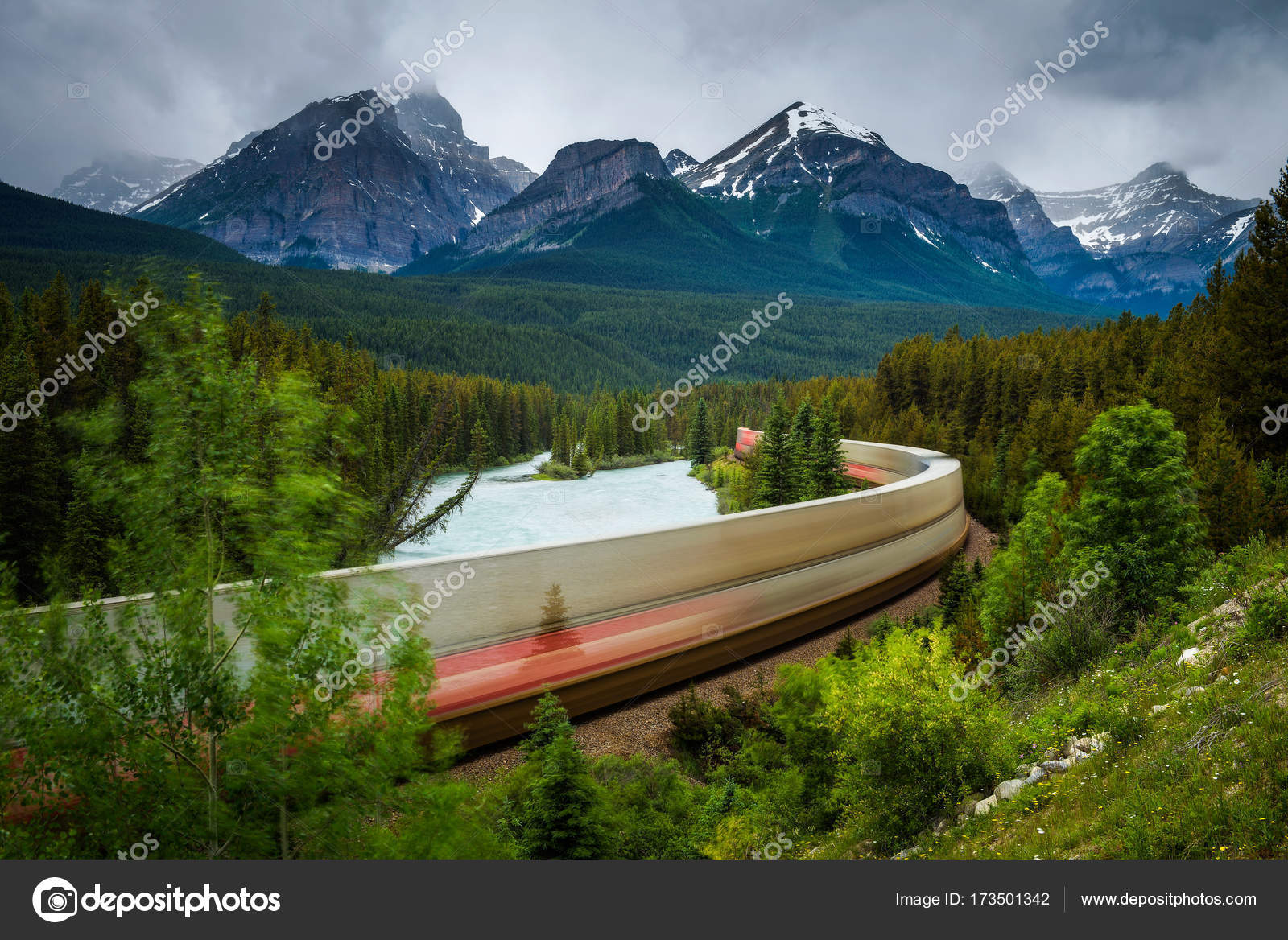 Train passing through Morants Curve in Bow Valley, Banff National Park Stock Photo by ©miroslav ...