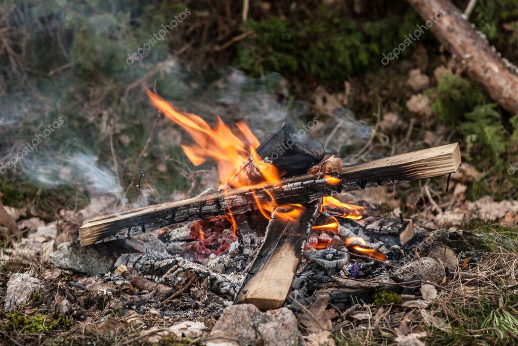 Pequeña fogata ardiendo esperando ansiosamente la cafetera. 2024