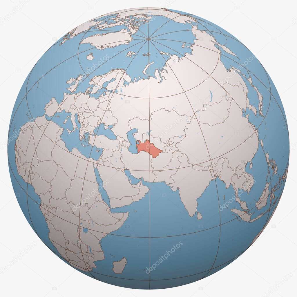 Turkmenistán en el mundo. Hemisferio terrestre centrado en la ubicación ...