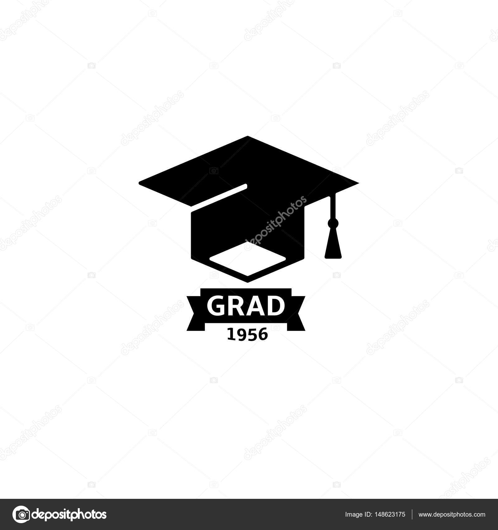 Isolated black and white color bachelor hat with word grad logo ...