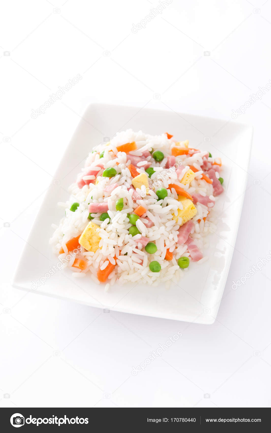Chinese fried rice with vegetables and omelette isolated on white ...