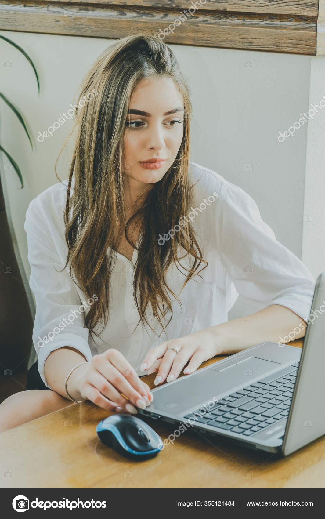 Young Lady Browsing Internet Cafe Girl Cafe Laptop Brunette Girl ...
