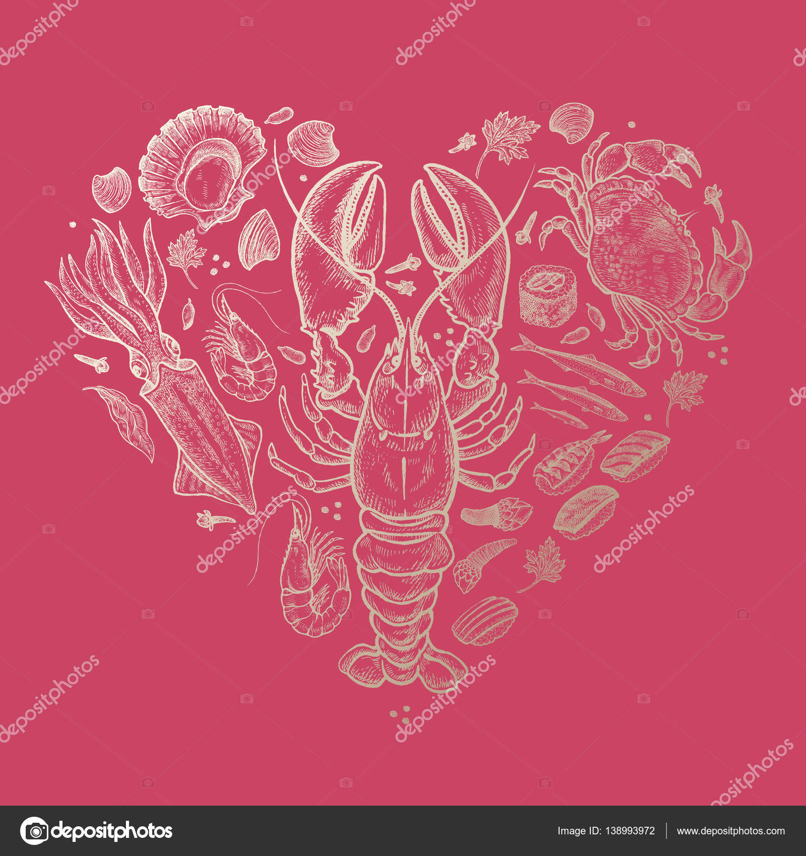 Vector set with seafood in the form of heart. Stock Vector by ©sasha ...