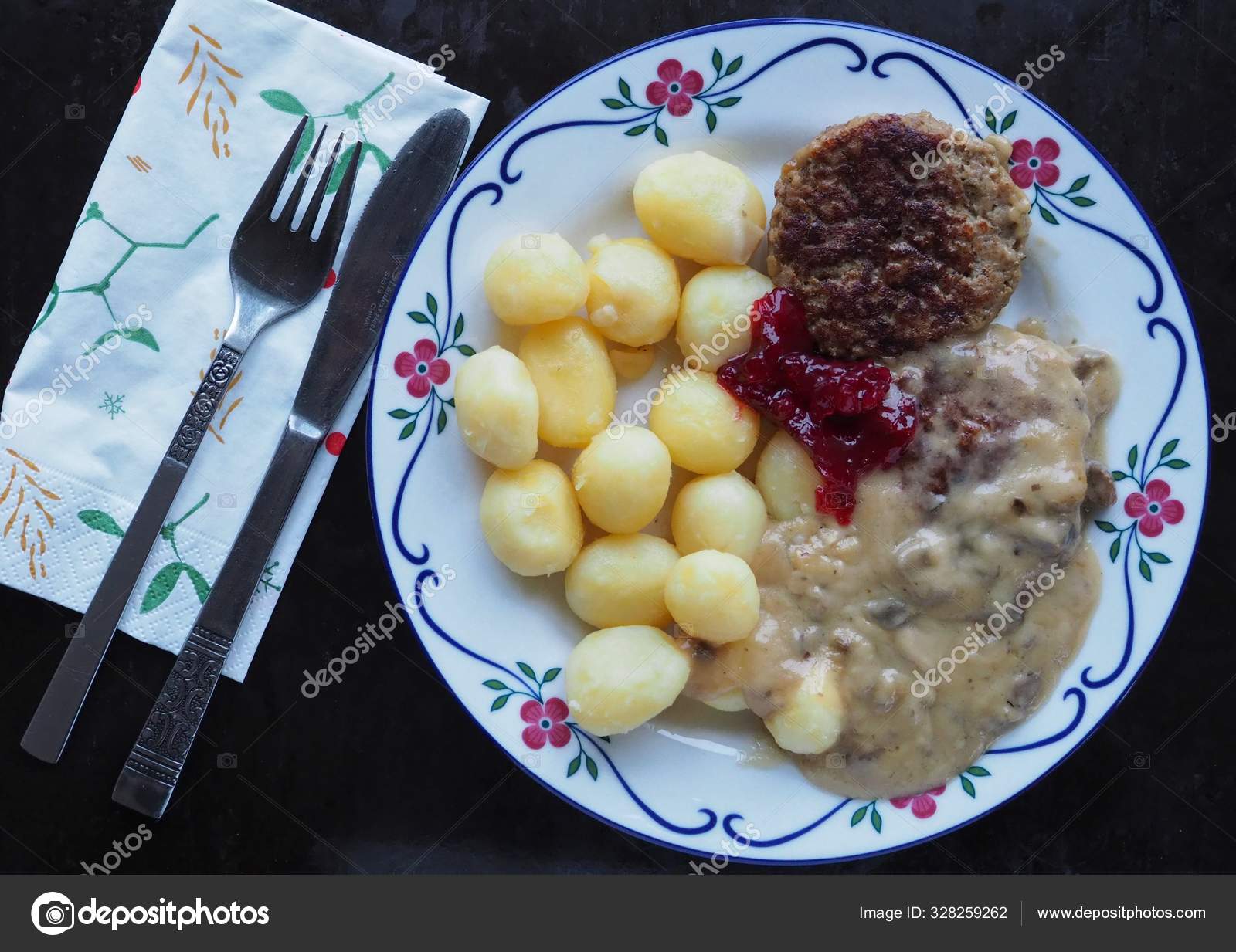 Potatoes Meat Sauce Lingonberry Jam Traditional Swedish Dish Pannbiff ...