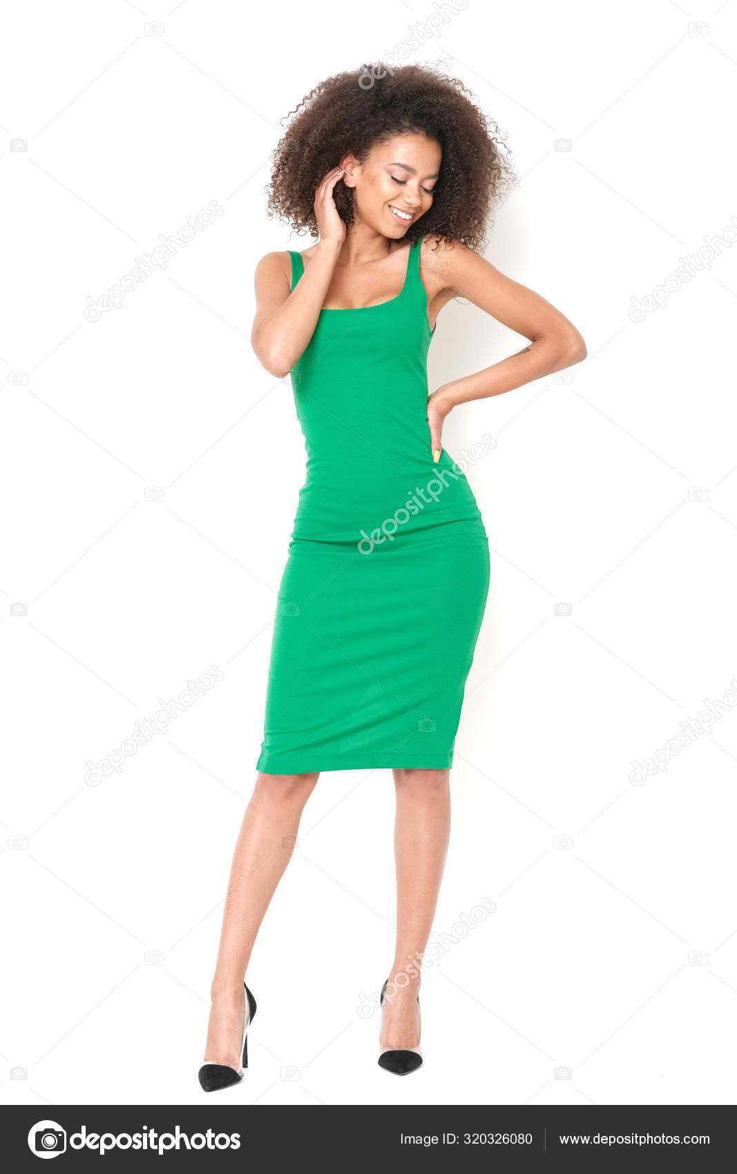 Beautiful Tiny Afro American Model Green Dress Isolated White ...