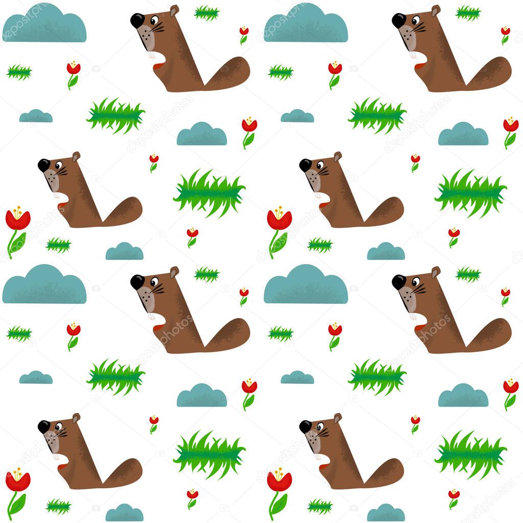 Patr n sin costuras con castor y flores de nube en tetona de dibujos animados 2024