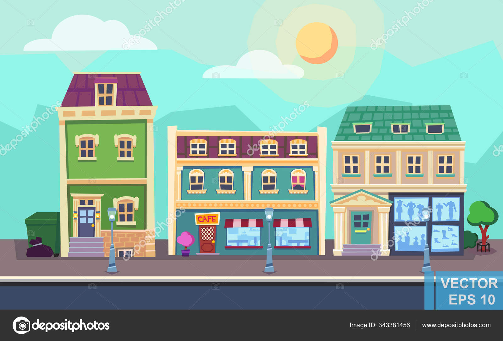 Vector cartoon retro illustration city houses facades landscape. Day ...