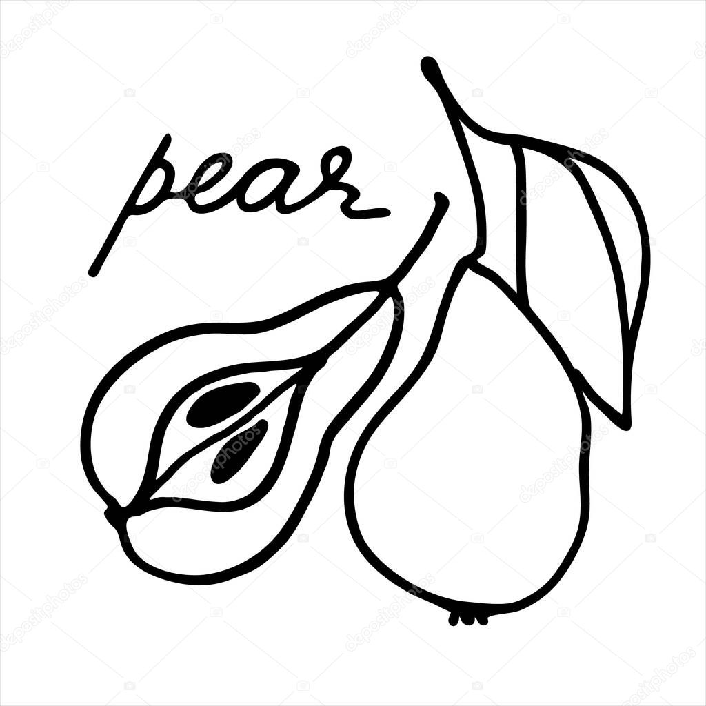 Pera entera y la mitad. Ilustración vectorial en blanco y negro con ...