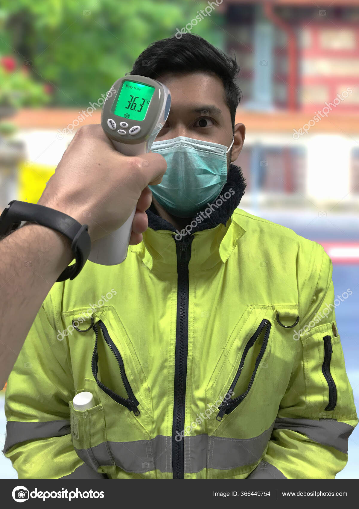 Man Measuring Temperature Asian Boywith Face Mask Stock Photo by ...