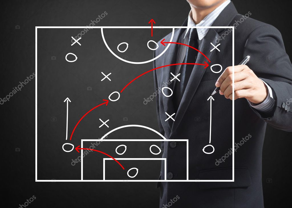 Businessman drawing tactic scheme strategy of attacking game on board ...