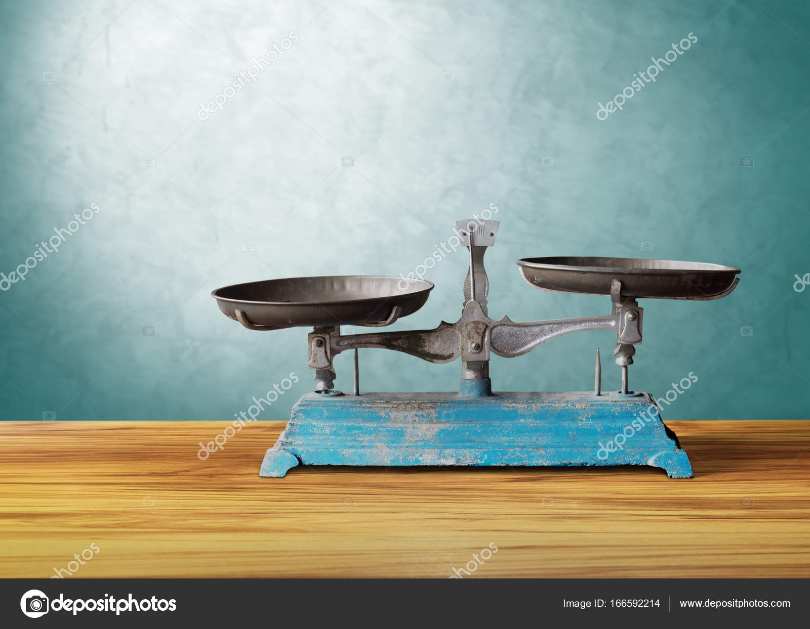 Old classic vintage scale on wooden table, justice Stock Photo by ...