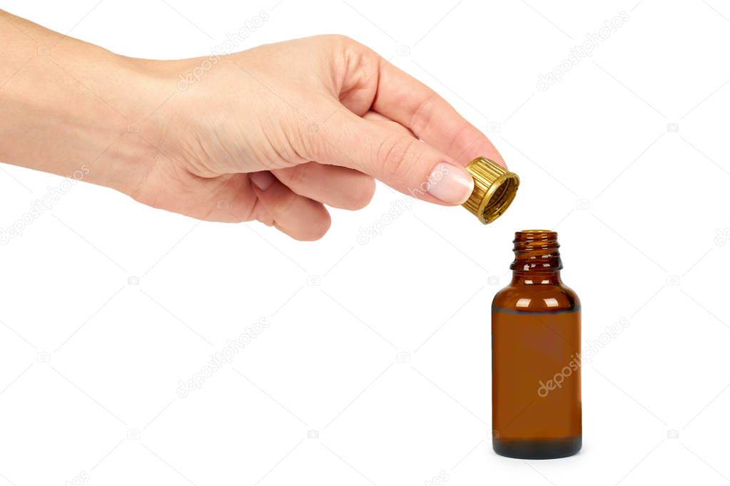 Frasco abierto con elixir médico, jarabe para resfriados, suspensión ...