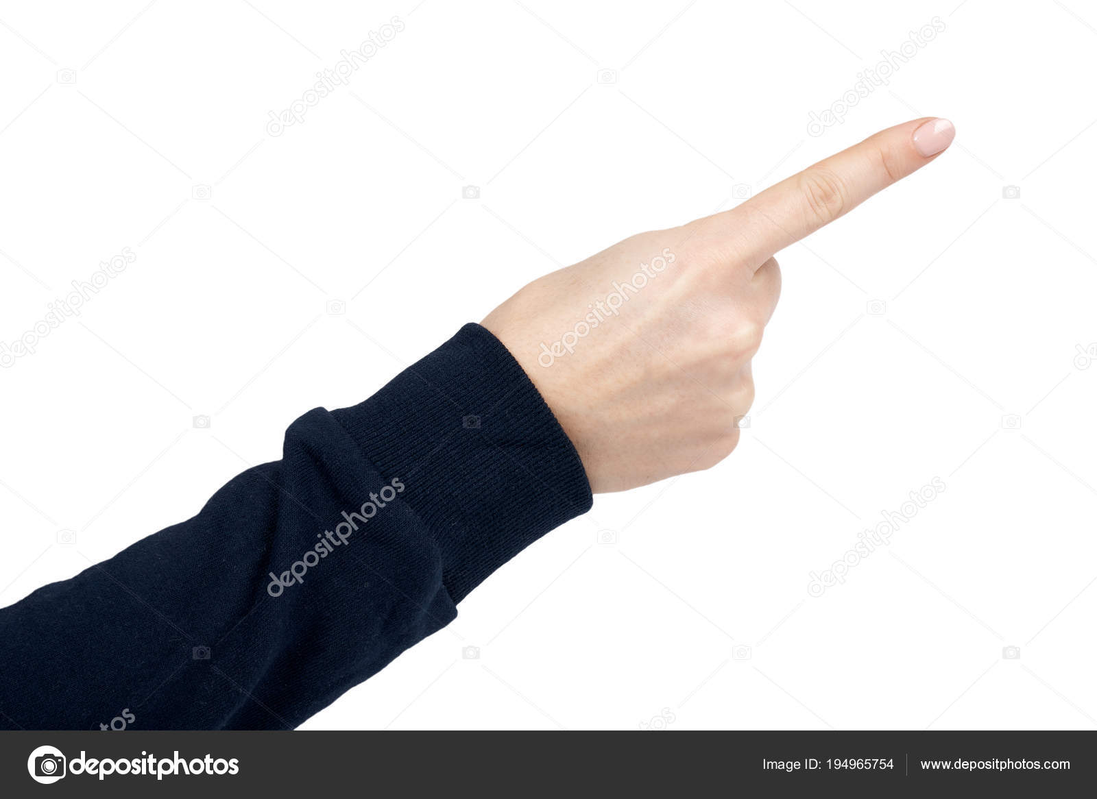 Female hand pointing gesture and sign. Isolated on white background ...