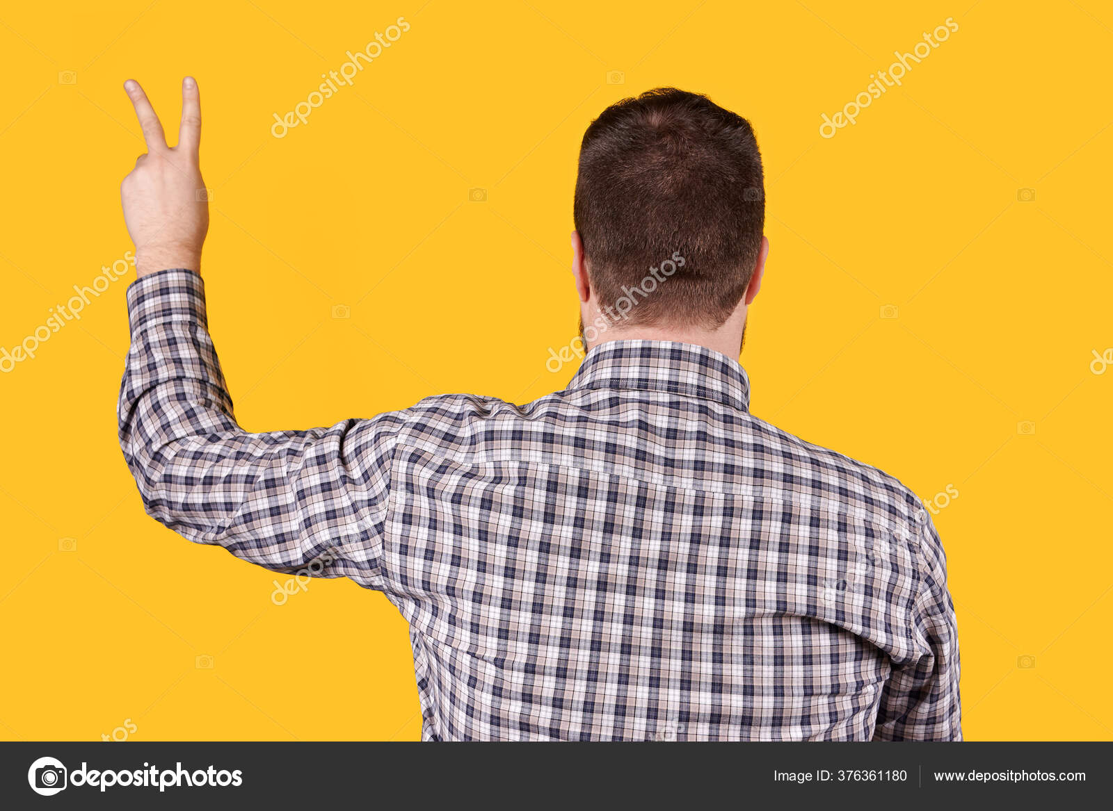 Man Showing Peace Sign Fingers Back View Isolated Yellow Background ...