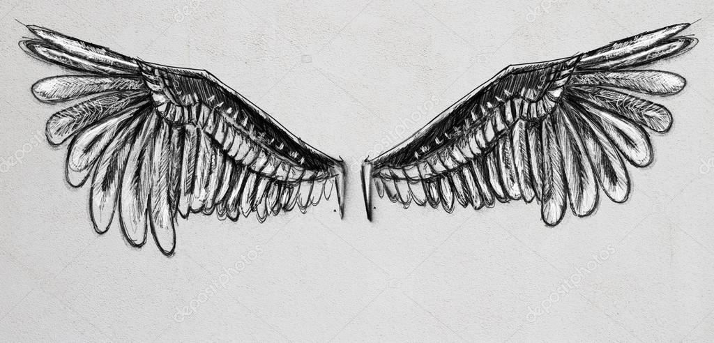 Creative drawing of wings on concrete background. Freedom concept ...