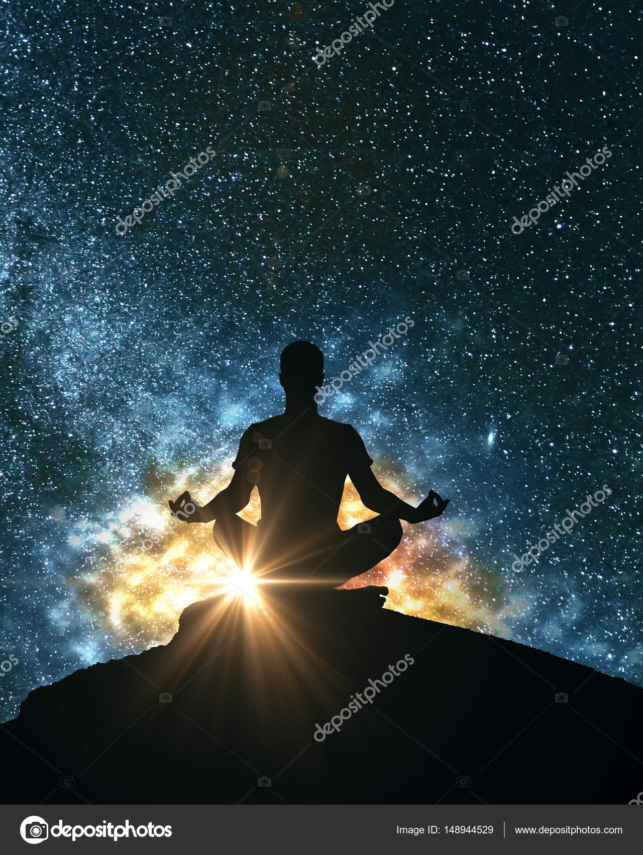 Back view of meditating man on mountain top. Space background. Zen ...