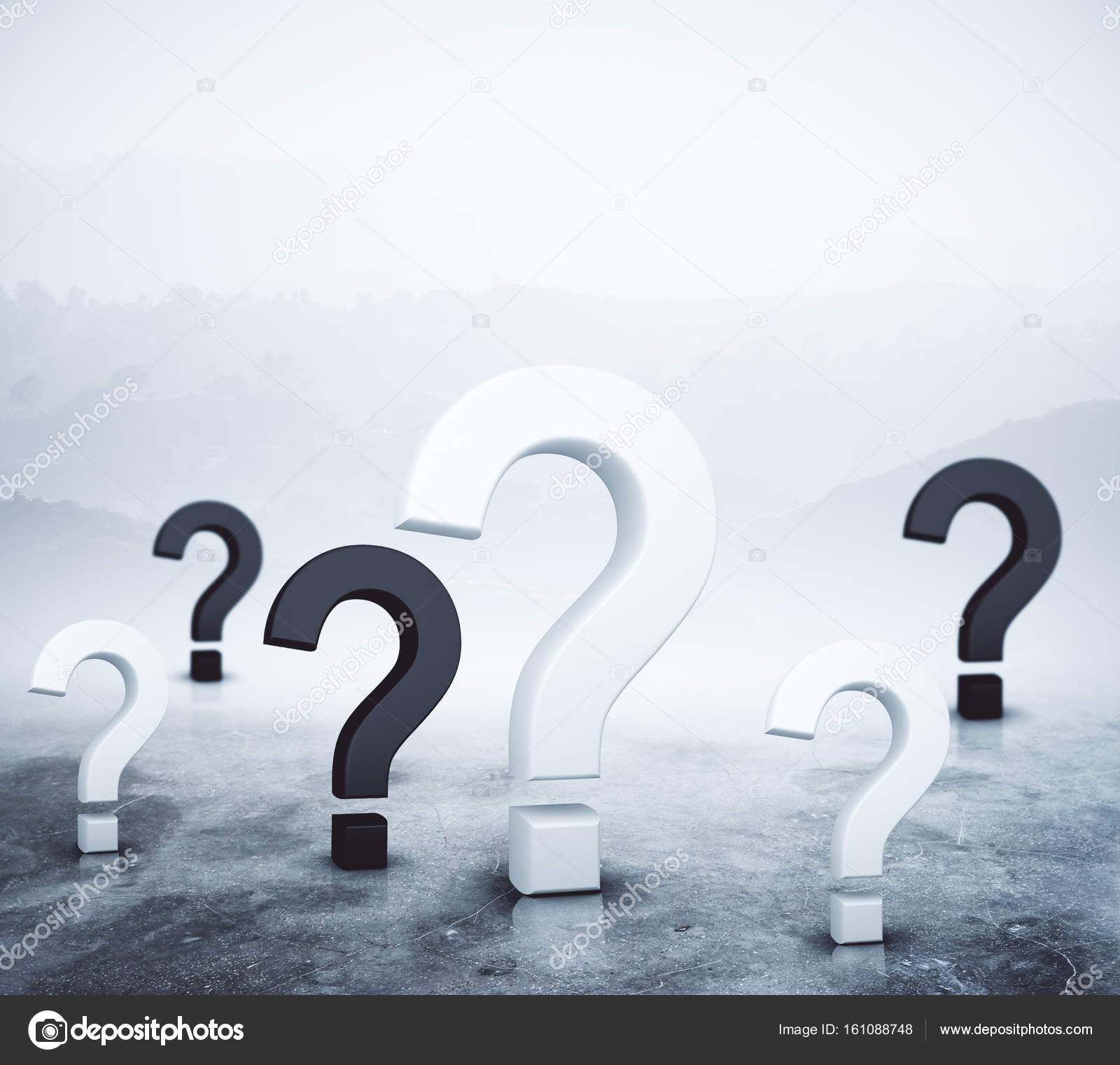 Question marks on abstract foggy gray background. Confusion concept. 3D ...