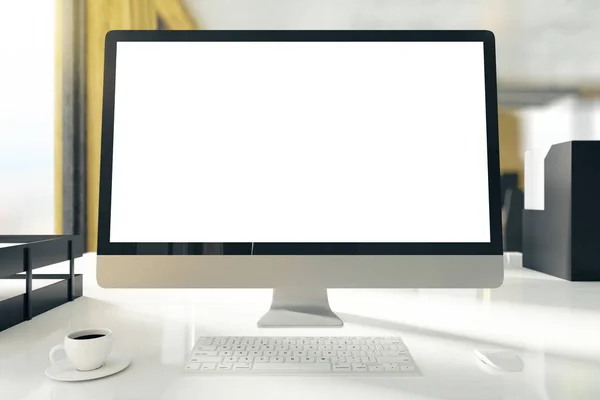 Blank white mock up modern computer monitor with white keyboard at ...