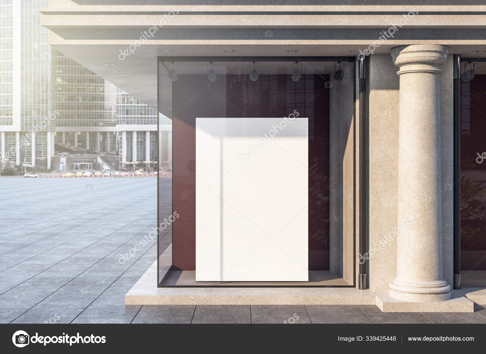 Shop with empty poster in glass showcase — Stock Photo © peshkov #339425448