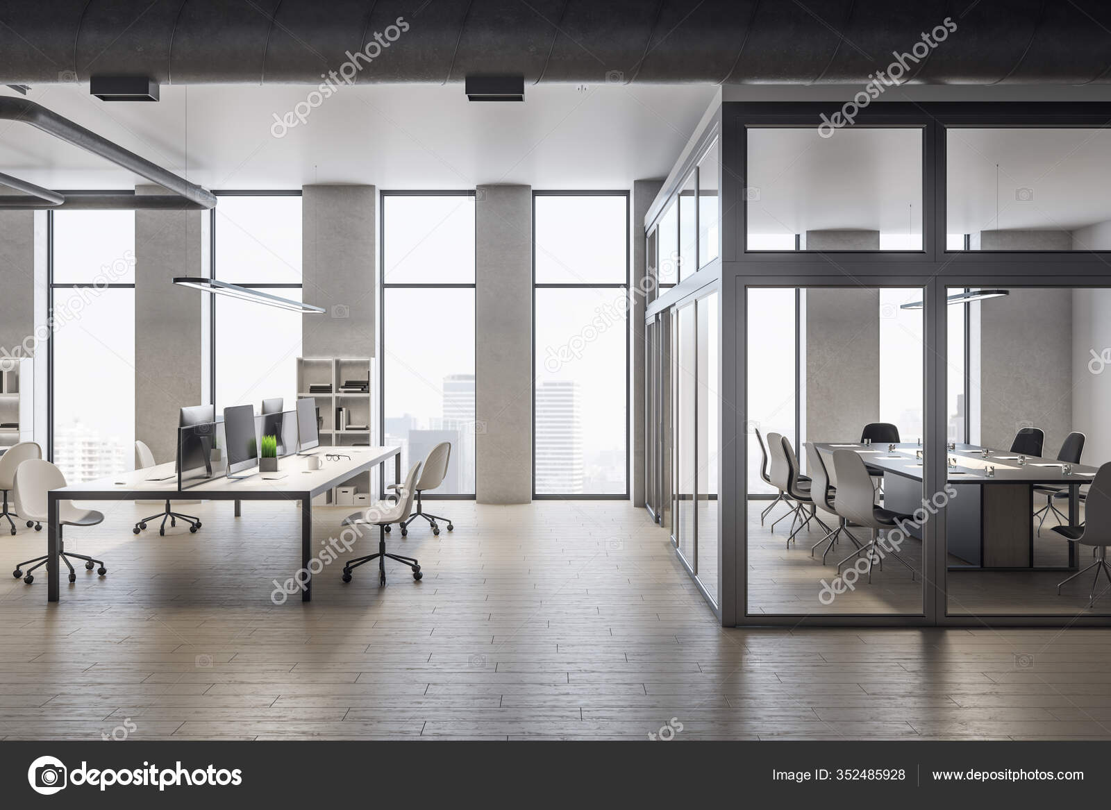 Bright Contemporary Office Interior Hall Computer City View Workplace ...