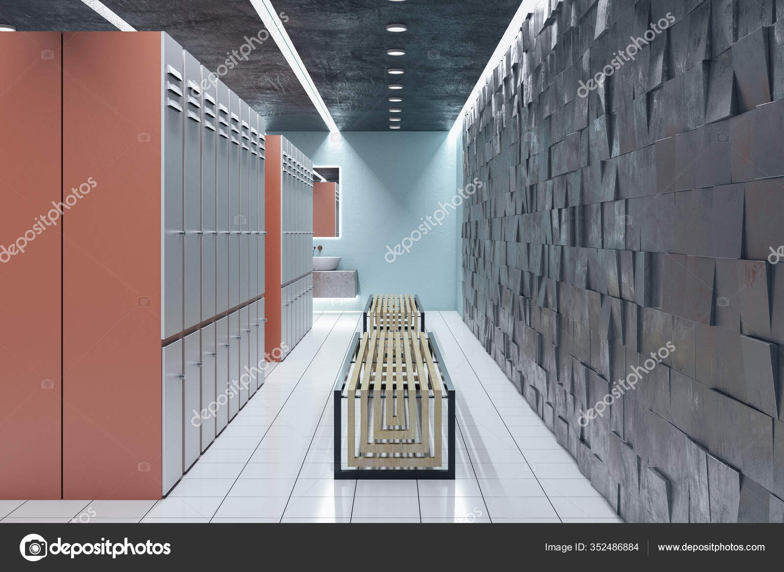 Side View Locker Room Interior Abstract Gray Wall School Sports Stock ...