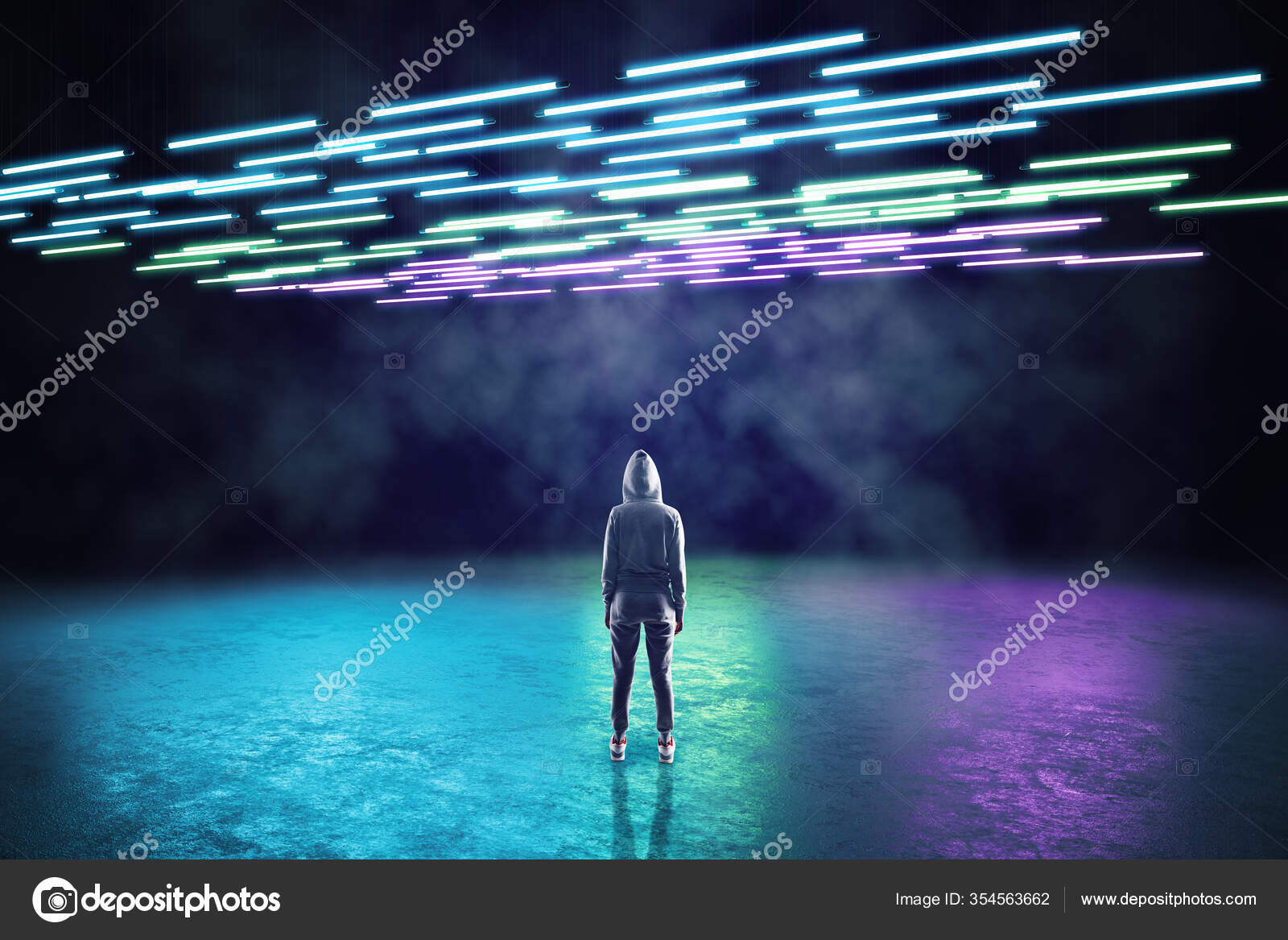 Hacker Pie Sala Minimalista Con Pared Blanco Pinturas Neón Futurista ...