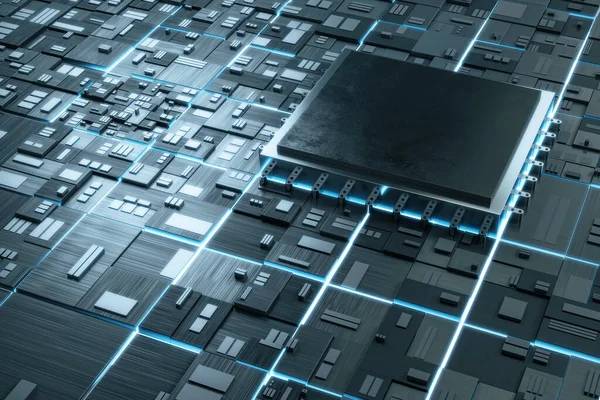 Computer microchip on dark motherboard. Hardware and engineering ...