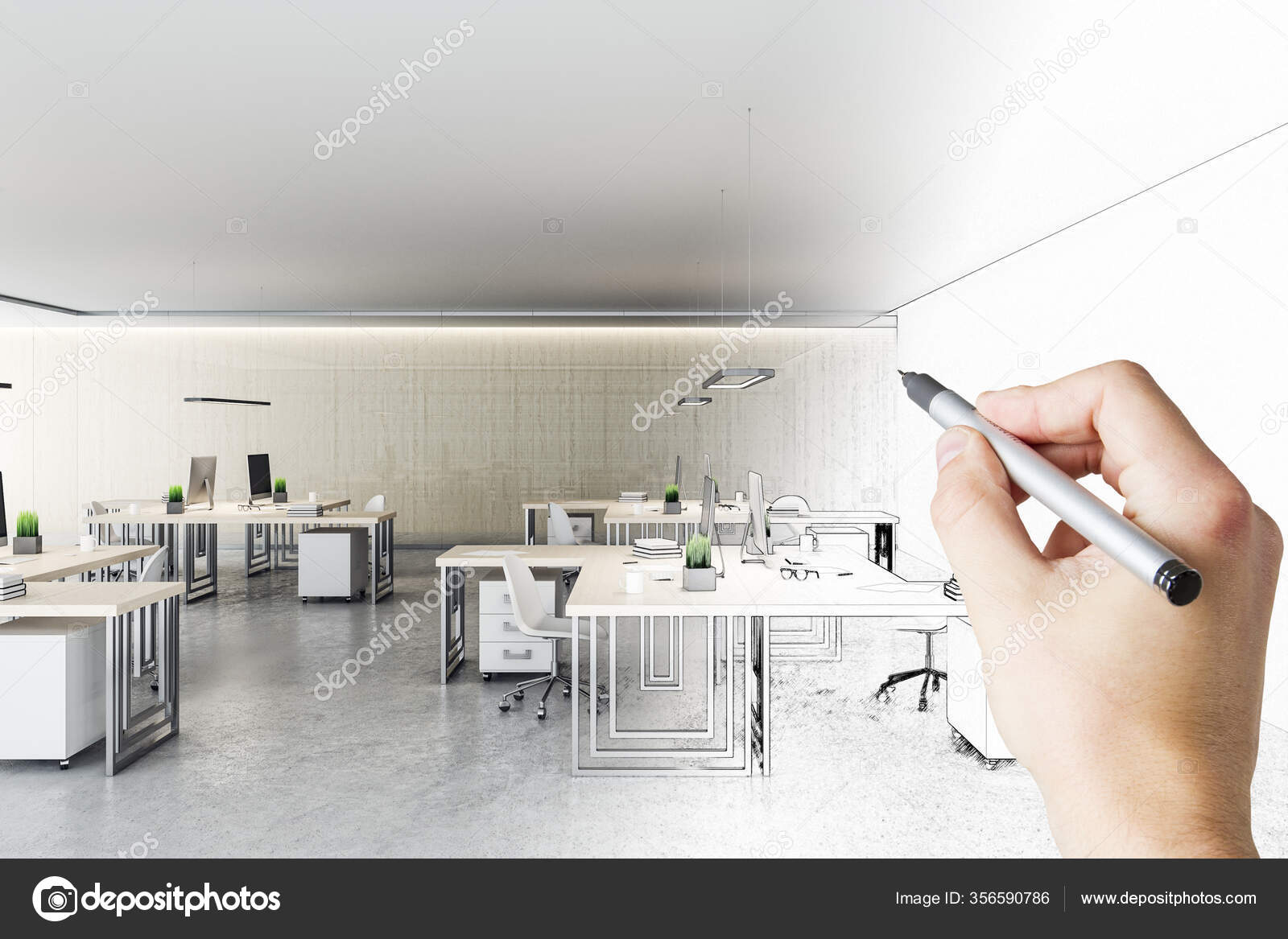 Hand Drawing Coworking Office Interior Furniture Daylight Workplace ...