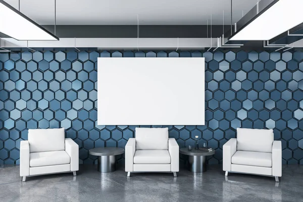 Waiting room with three chairs and blank banner on wall. Workplace and ...