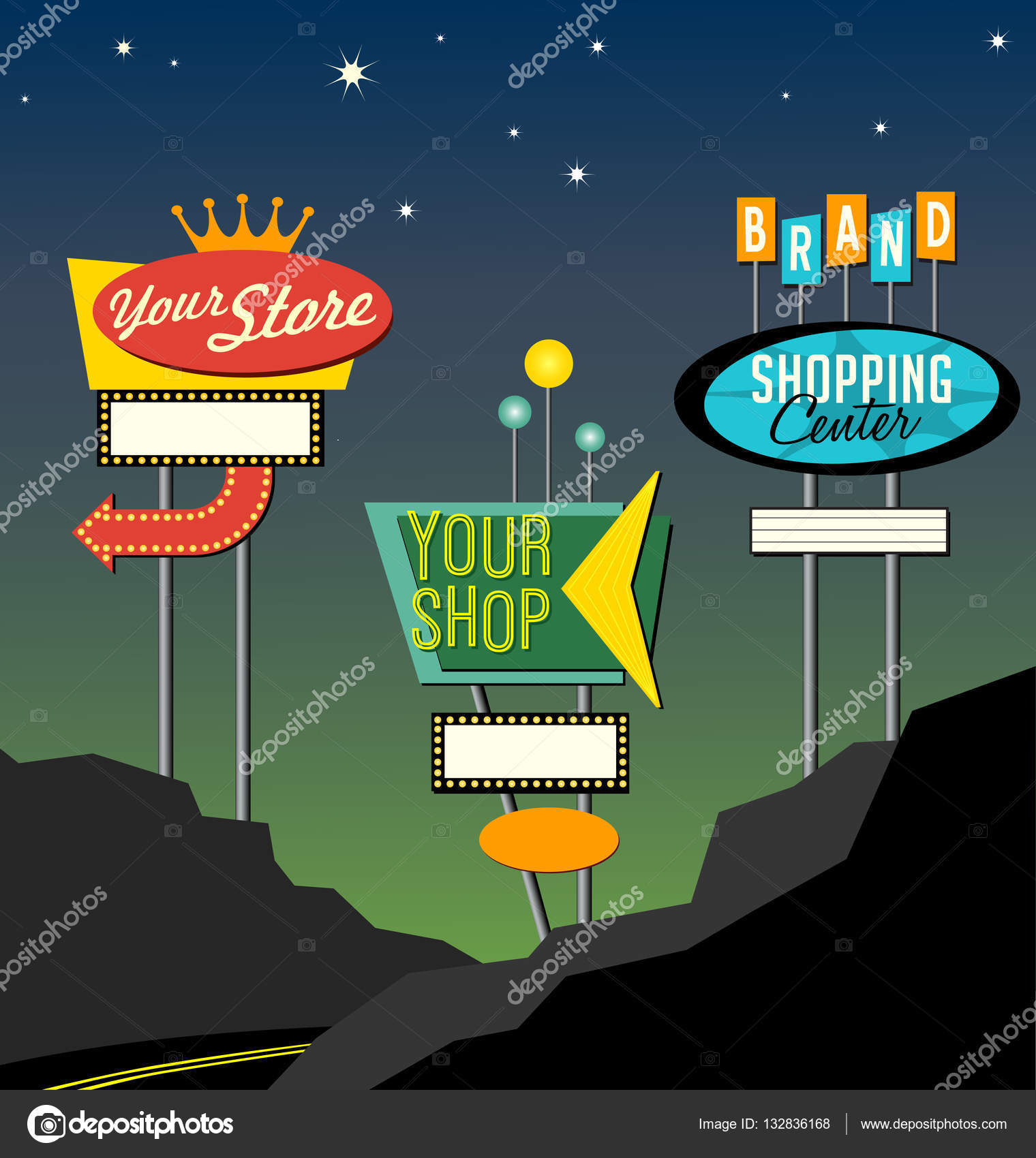 Set of retro lighted roadside signs. Edit for your design. — Stock ...