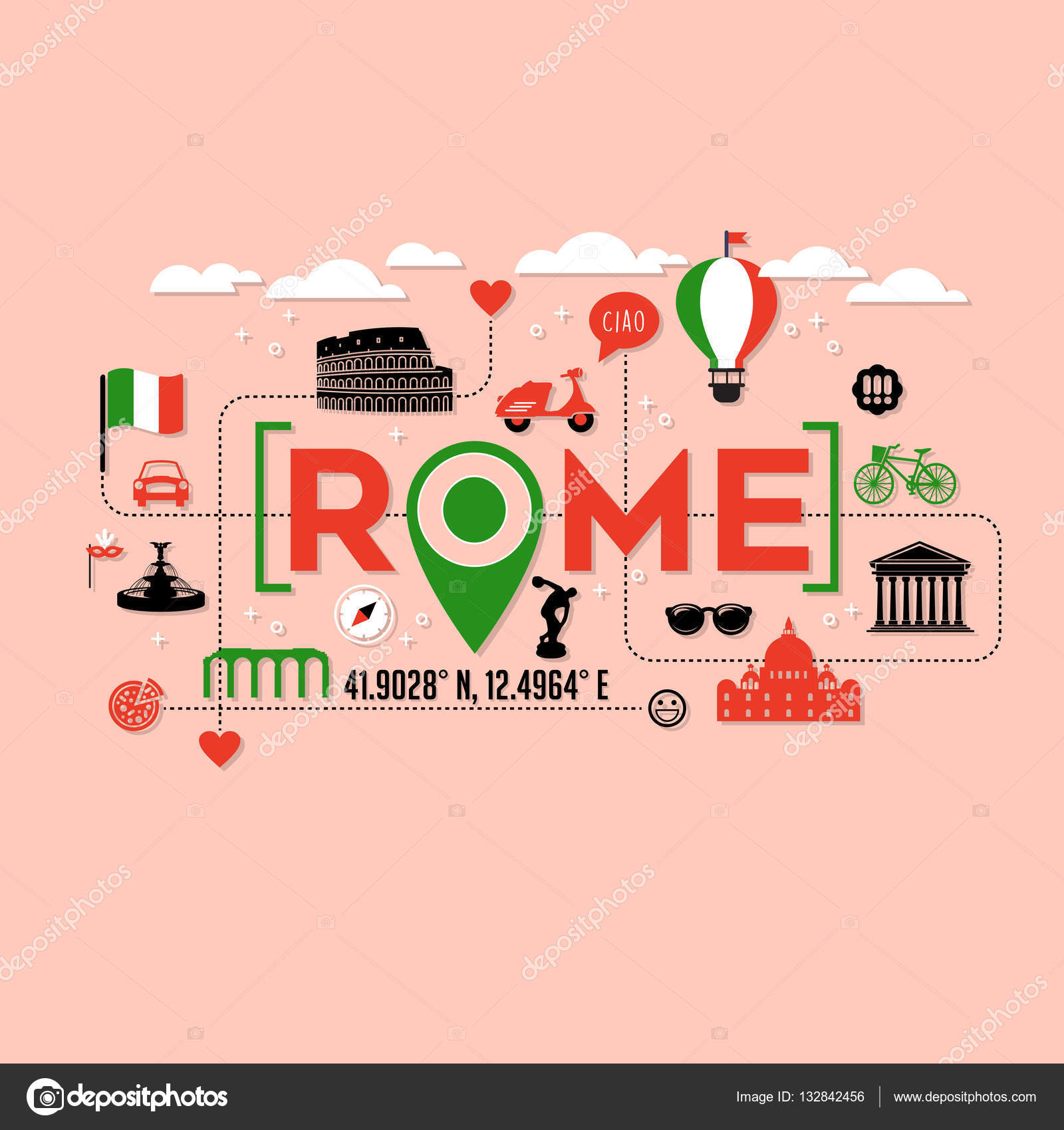 Roma Italia iconos y diseño tipográfico para tarjetas, pancartas ...