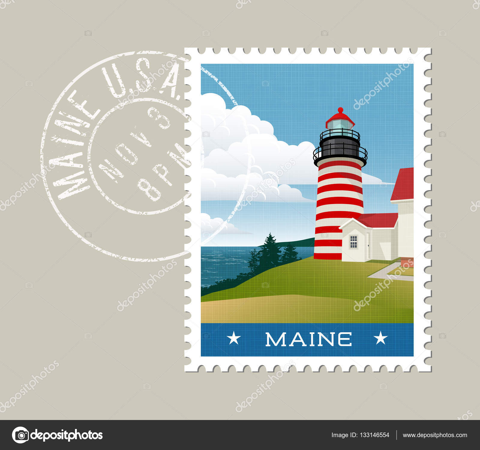 Maine vector illustration of lighthouse and Atlantic coast. Stock ...